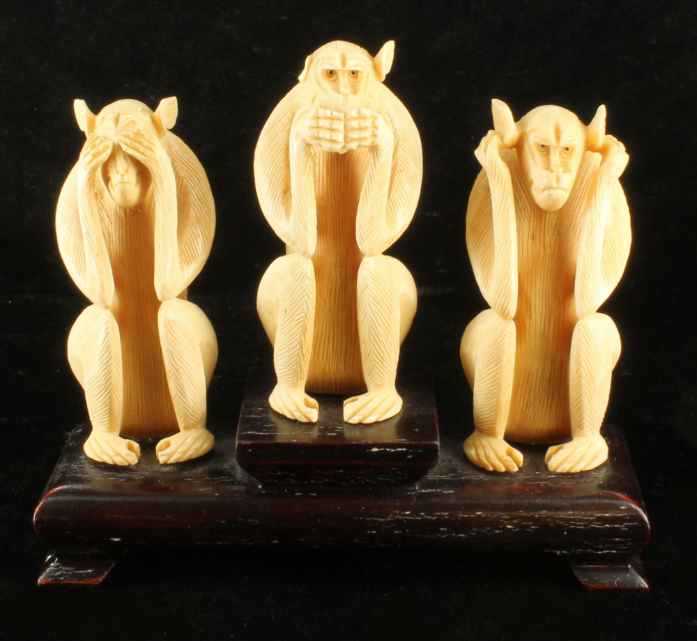 Antique Chinese 3 Wise Men Monkeys Hand Carved Bovine Bone Figurines ...