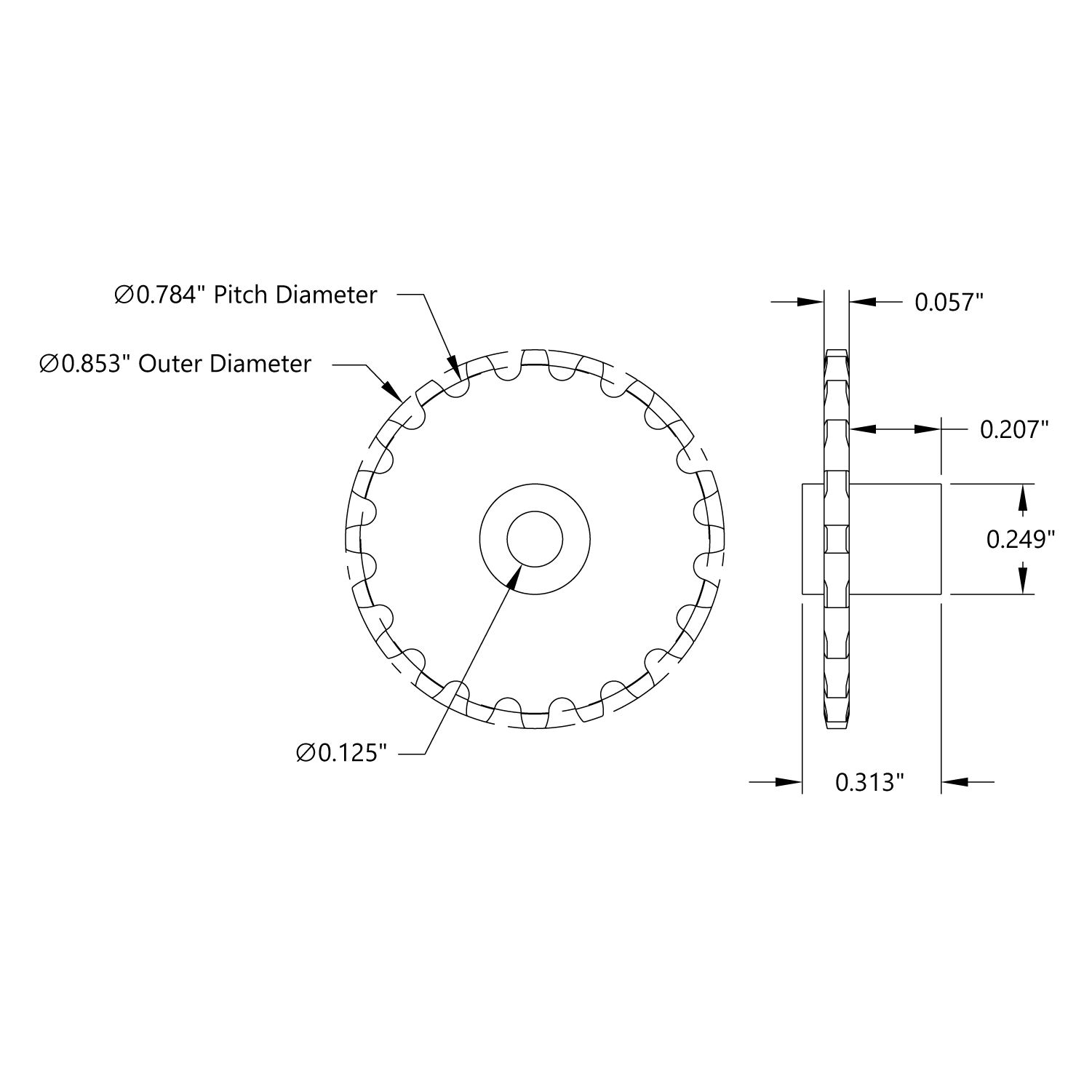 20 Tooth Press Fit Sprocket (0.1227" Pitch, 0.125" Bore) - ServoCity
