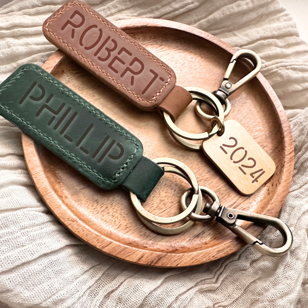 Engraved Leather and Brass Keychain