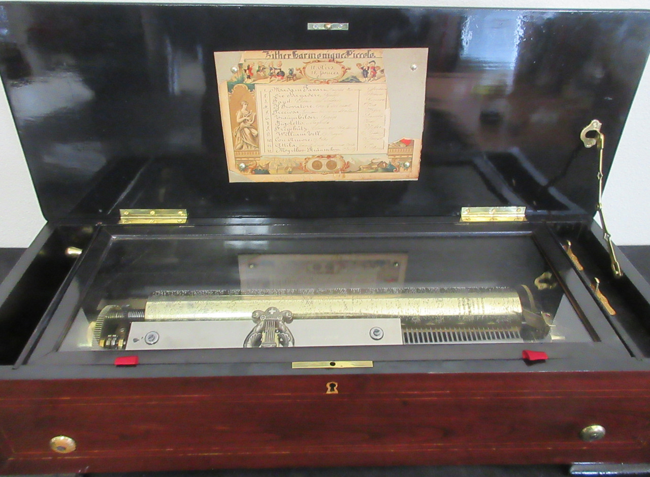 19th Century Swiss Inlaid Walnut Cylinder Zither Music Box 12 Songs #2 ...