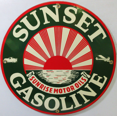 Sunset Gasoline New 12" Round Porcelain Metal Sign - American Collectibles