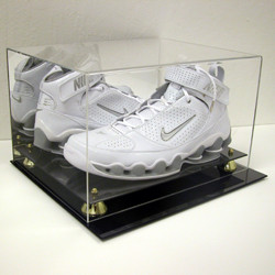 DELUXE BASKETBALL DOUBLE SHOE DISPLAY CASE HOLDER to SIZE 15 w/ Gold Risers