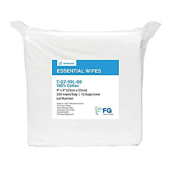 Essential Wipes by FG Clean Wipes, 100% Cotton, 9 x 9", 250/Pack
