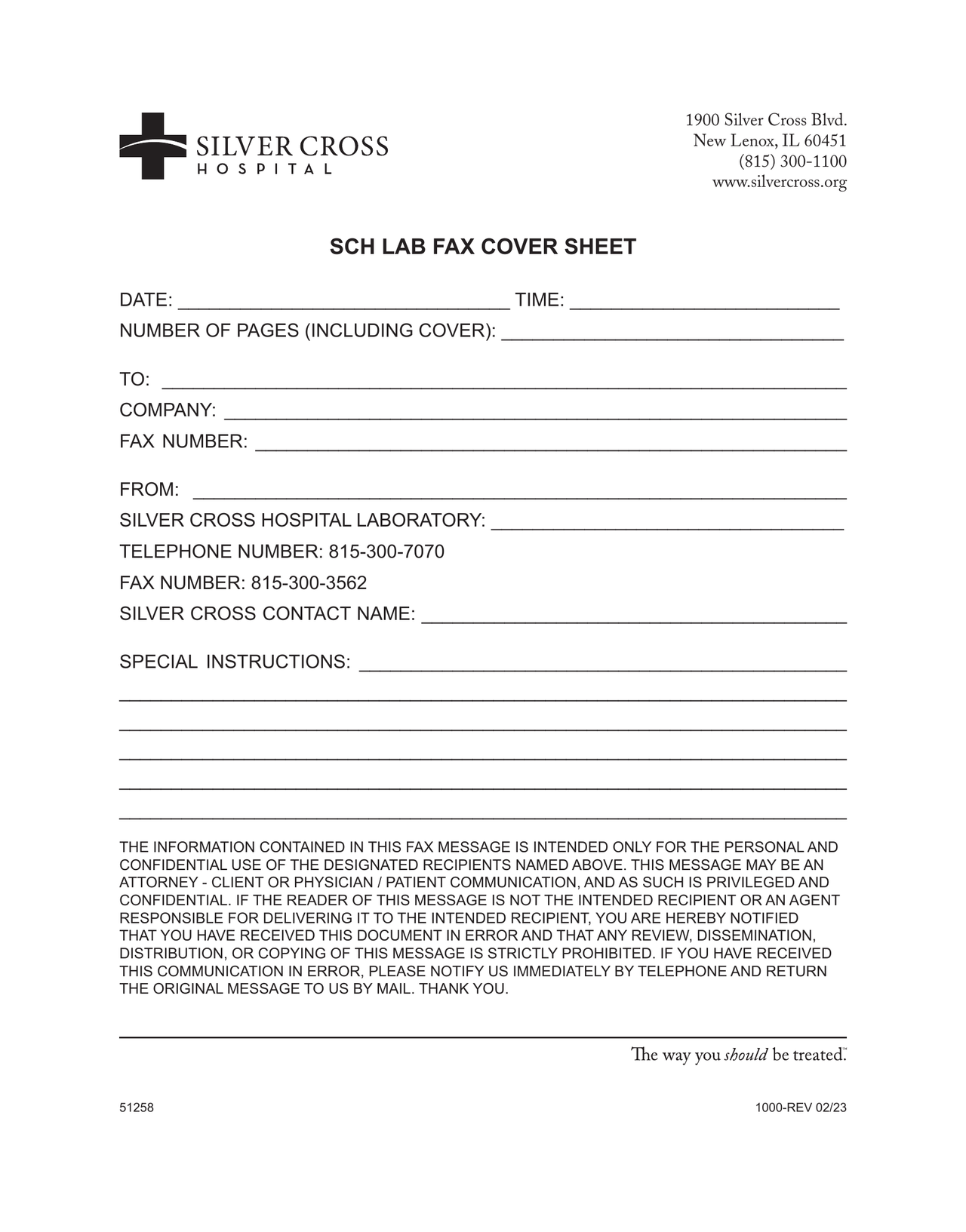 51258 - Fax Cover Page/Laboratory - Package (100) - Silver Cross Store
