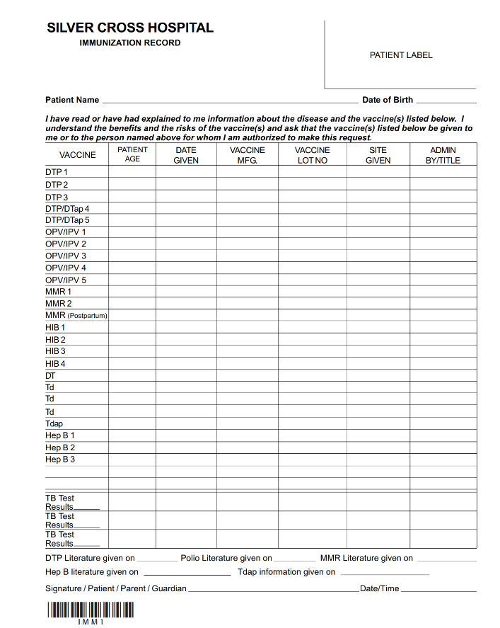 1026 - Immunization Record - Package (100) - Silver Cross Store