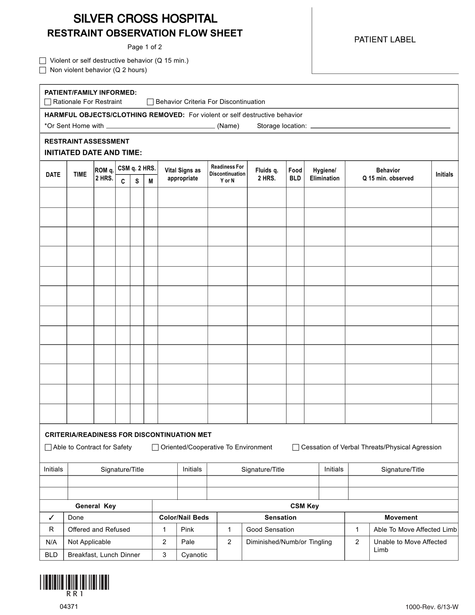 4371 - Restraint Observation Flow Sheet - Package (100) - Silver Cross ...