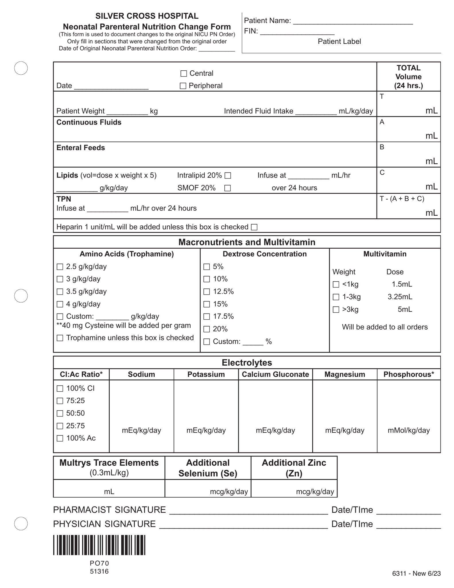 51316 - Neonatal Parenteral Change Form - Package (100) - Silver Cross ...