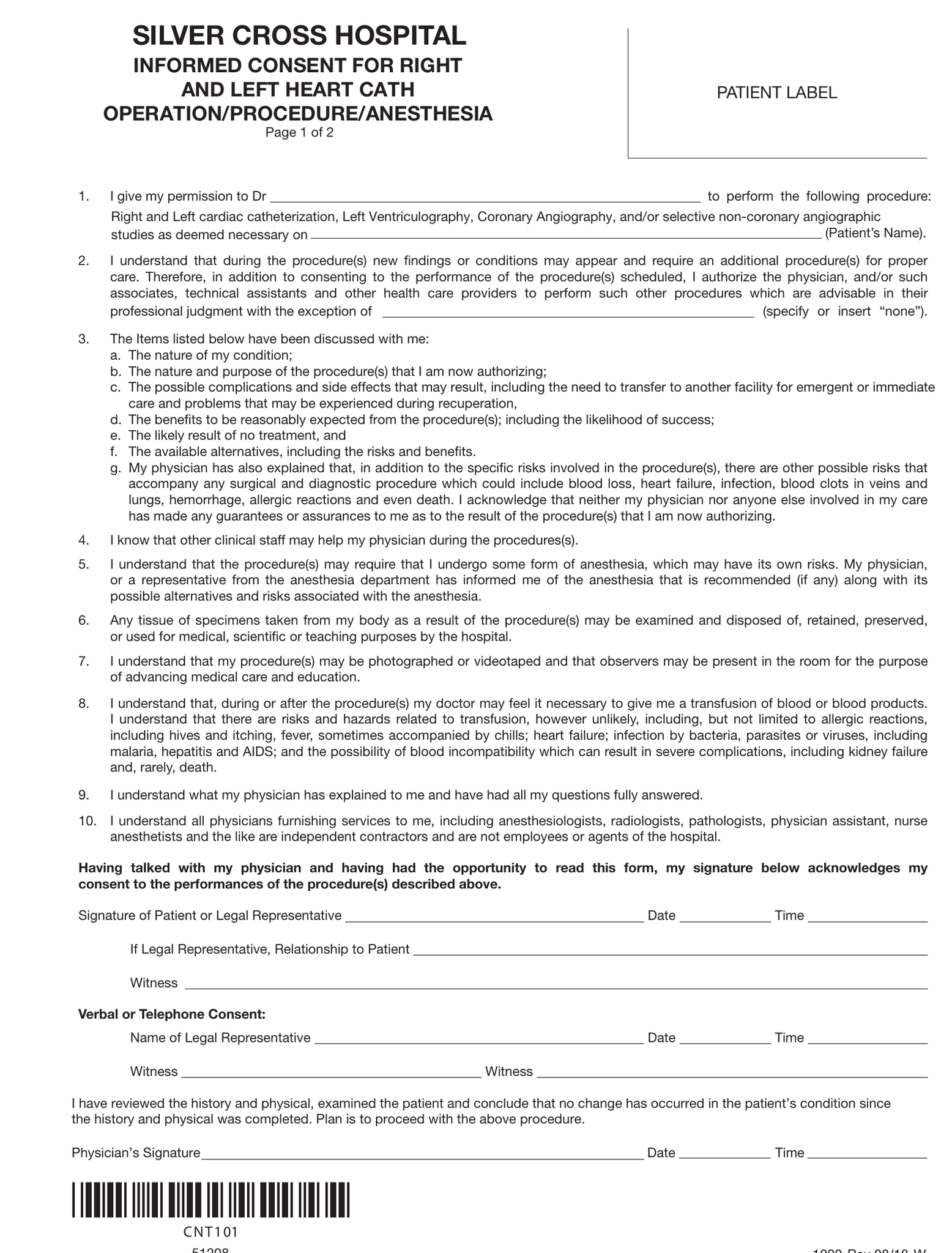 51208 - Consent/Right & Left Heart Cath - Package (100) - Silver Cross ...