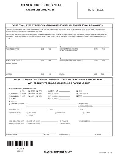 30319-W - Unit Orientation/Valuables Checklist - Package (100) - Silver ...