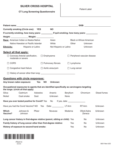 51314 - CT Lung Screening Questionnaire - Package (100) - Silver Cross ...