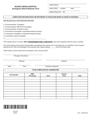 3616 - Emergency Transfusion Release Form - Package (100) - Silver ...