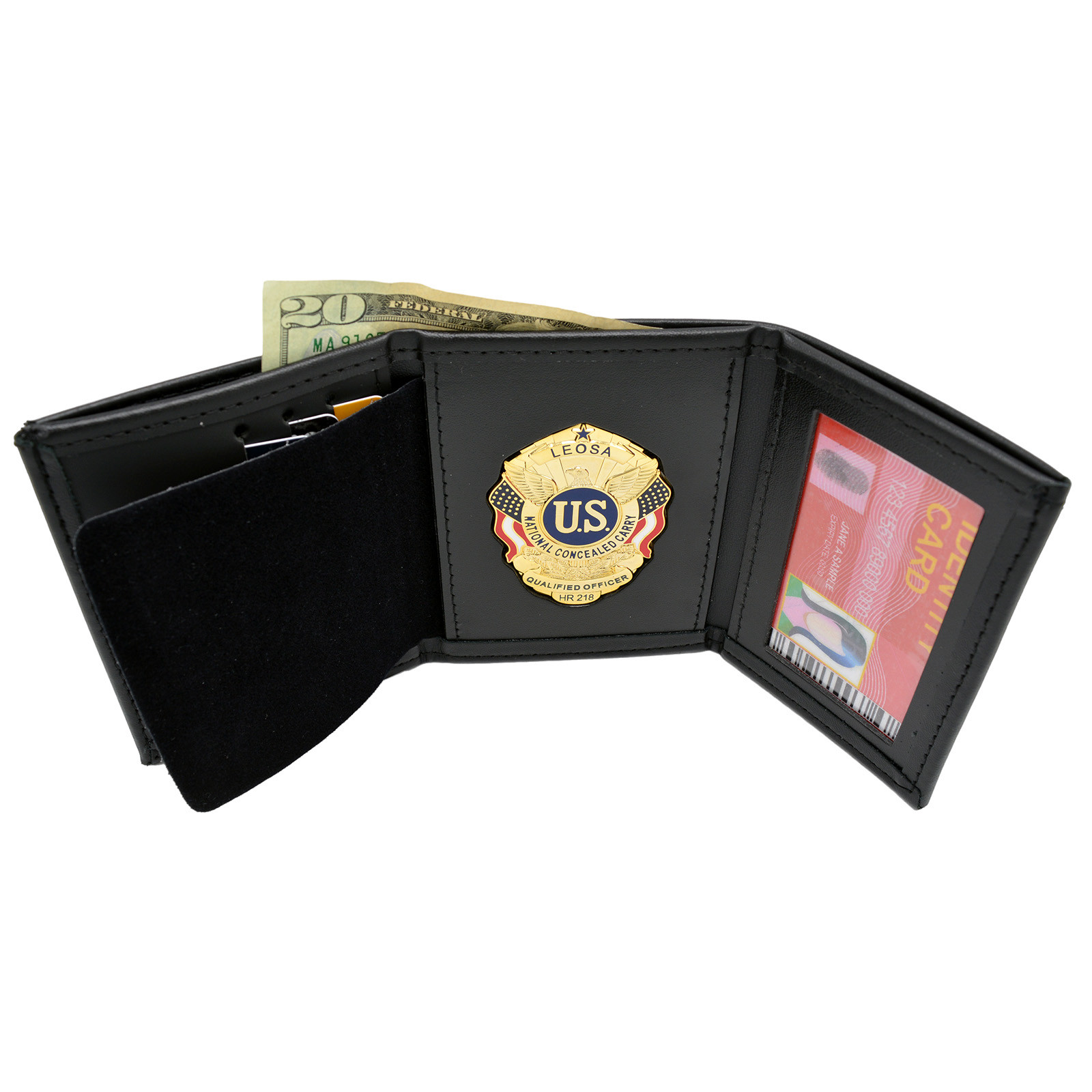 Trifold Mens Leather Wallet w/ Single ID Window and LEOSA HR218 Badge