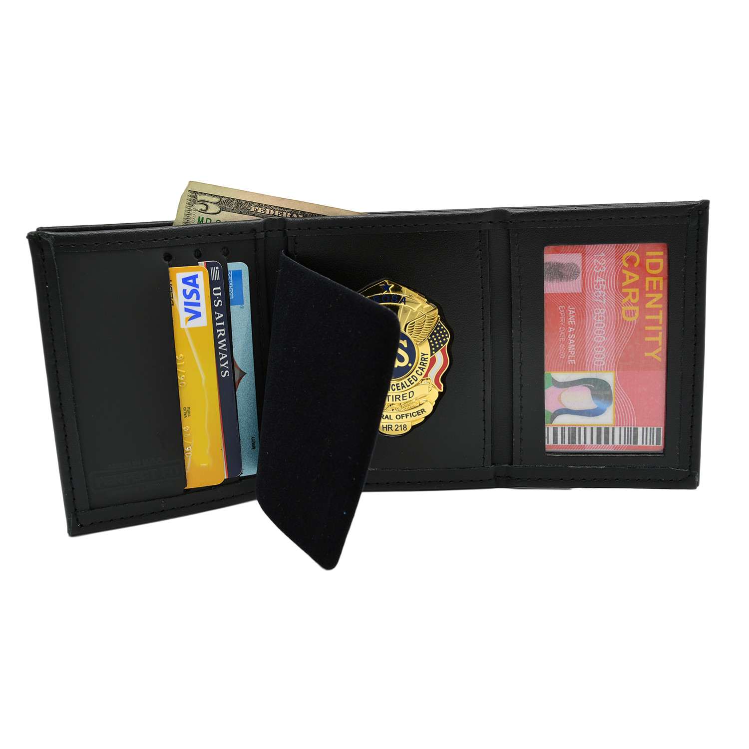 Trifold Mens Leather Wallet w/ Single ID Window and LEOSA HR218 Badge