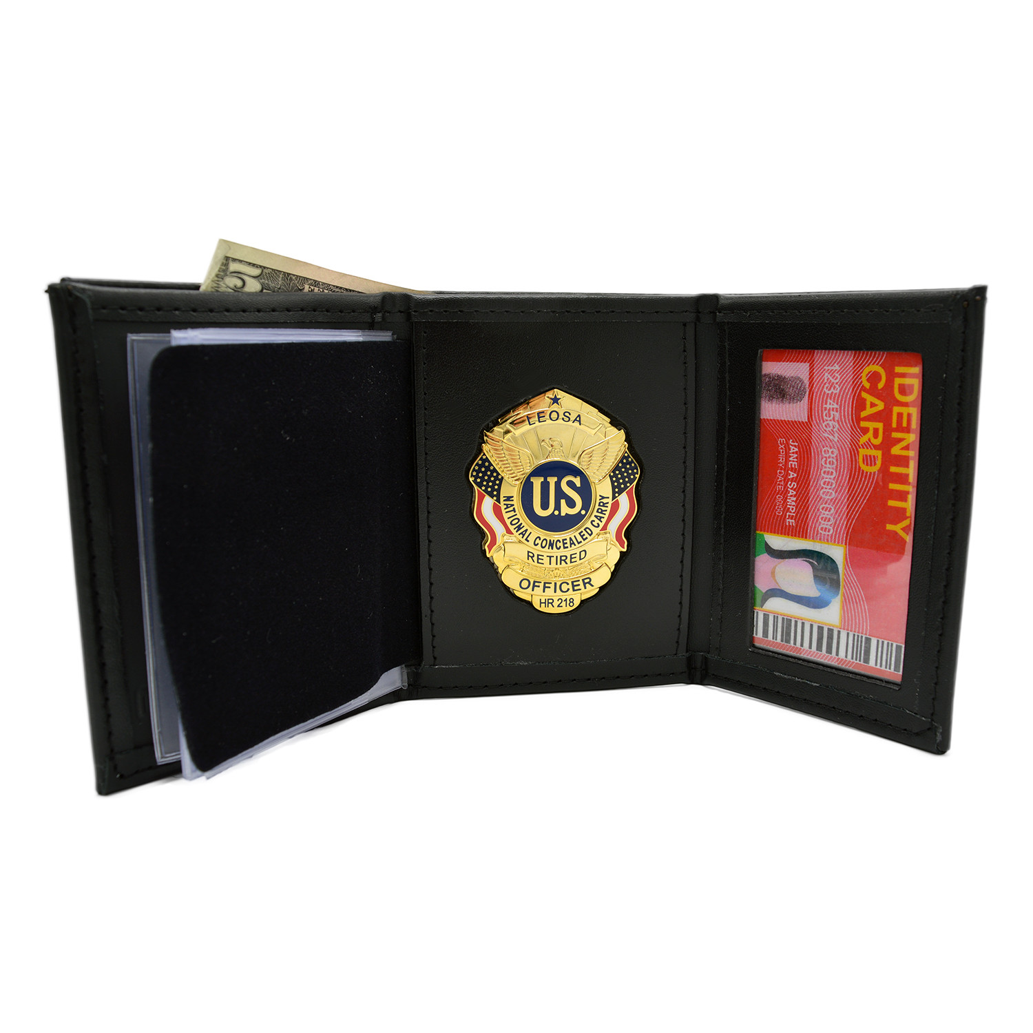 Trifold Mens Leather Wallet w/ Single ID Window and LEOSA HR218 Badge