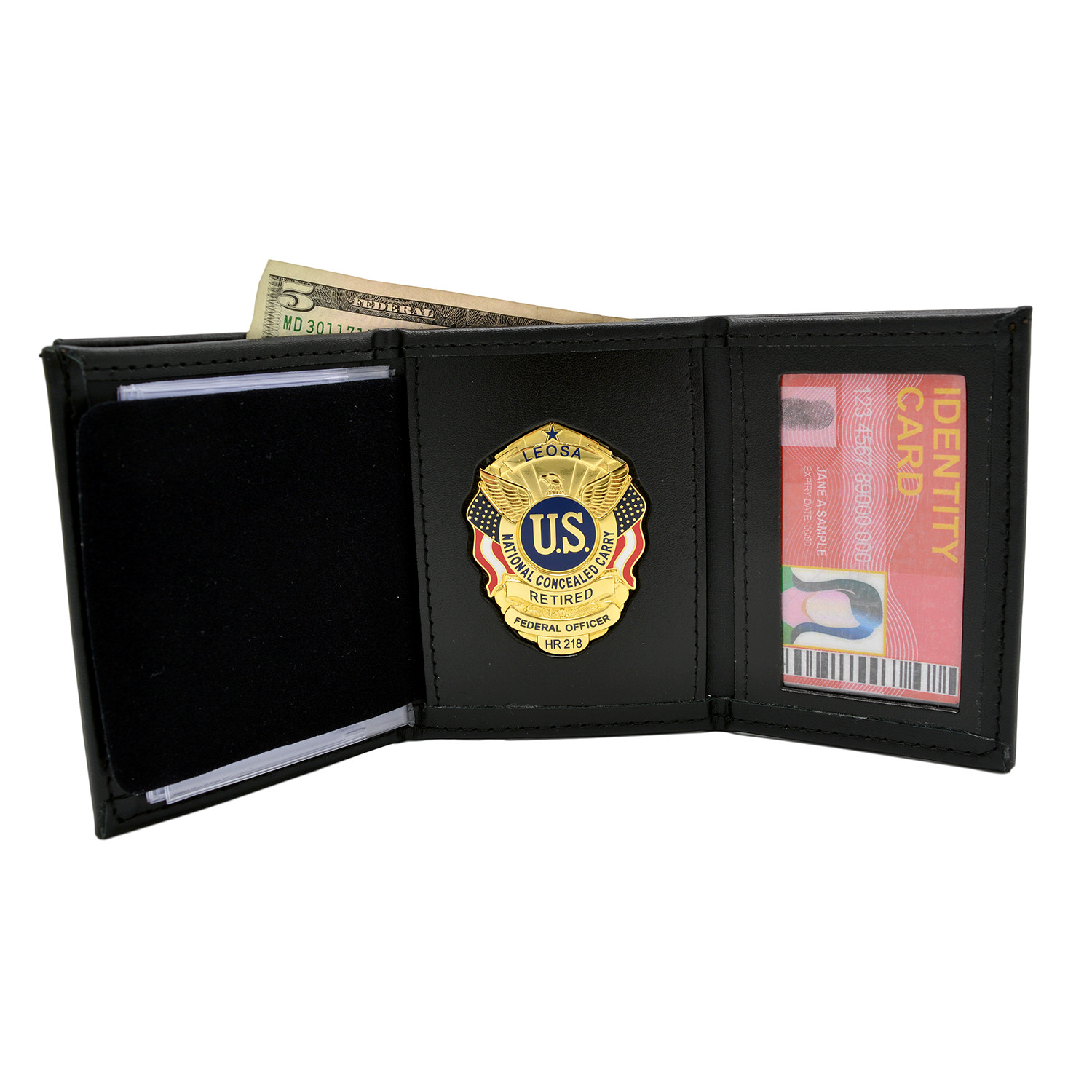 Trifold Mens Leather Wallet w/ Single ID Window and LEOSA HR218 Badge