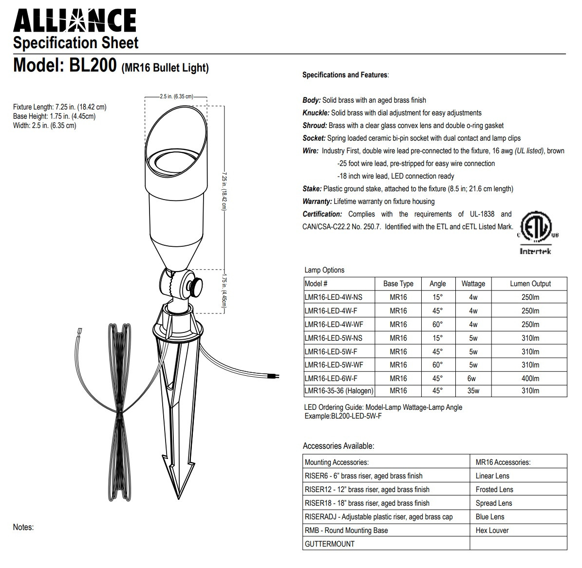 BL200 Brass Bullet Up Light | Alliance Outdoor Bullet Lights