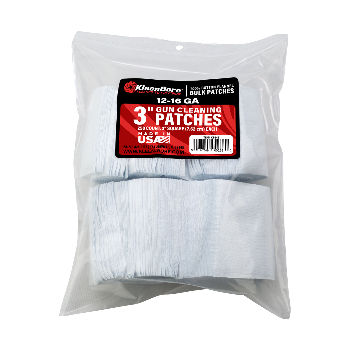 KleenBore 100% Cotton Flannel Bulk Patches - 3" Square 12-16 GA (250 Pack)