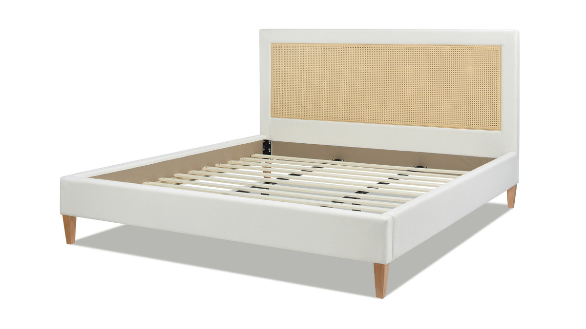 Haley Upholstered Cane-Back Platform Bed, King, Snow White - Jennifer Taylor Home