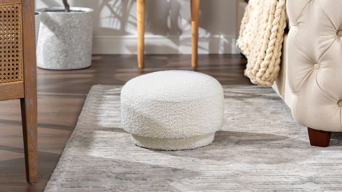 Fuji 15" Mushroom Footstool Ottoman, Ivory White Bouclé - Jennifer ...