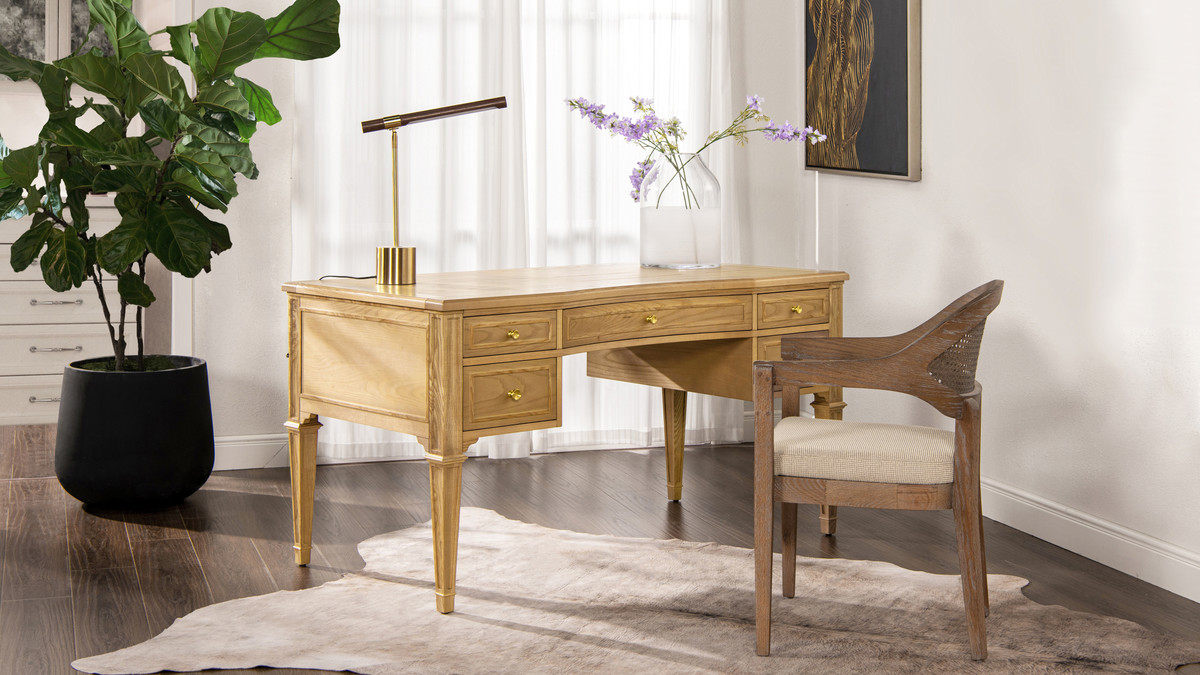 Dauphin Gold Accent 5-Drawer Wood Executive Desk, Natural Brown ...