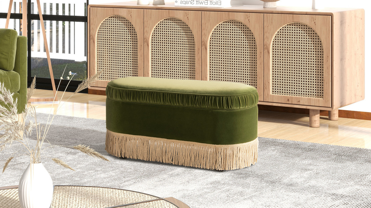 Serena 38" Oval Storage Bench Ottoman, Olive Green - Jennifer Taylor Home