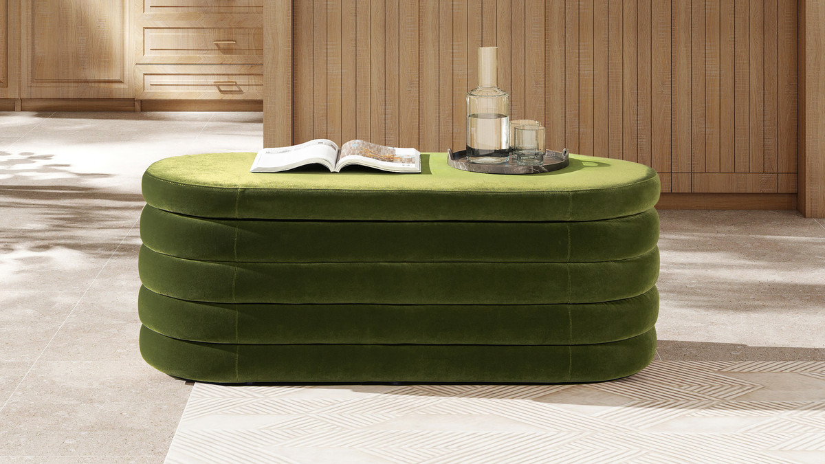 Fuji 49" Upholstered Oval Storage Bench, Olive Green - Jennifer Taylor Home
