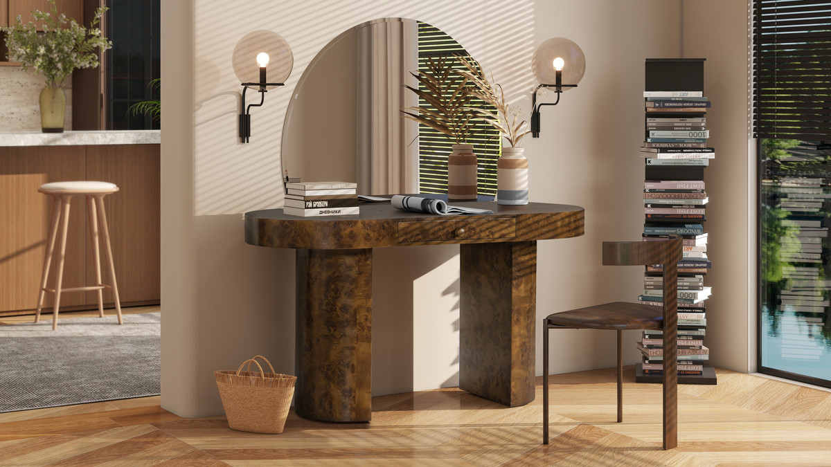 Jesse 55.5" Burl Wood Single Drawer Oval Computer Desk, Dark Brown ...