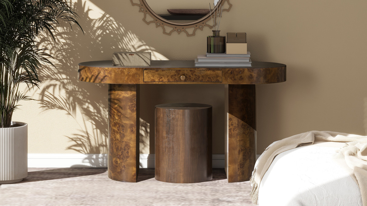 Jesse 55.5" Burl Wood Single Drawer Oval Computer Desk, Dark Brown ...