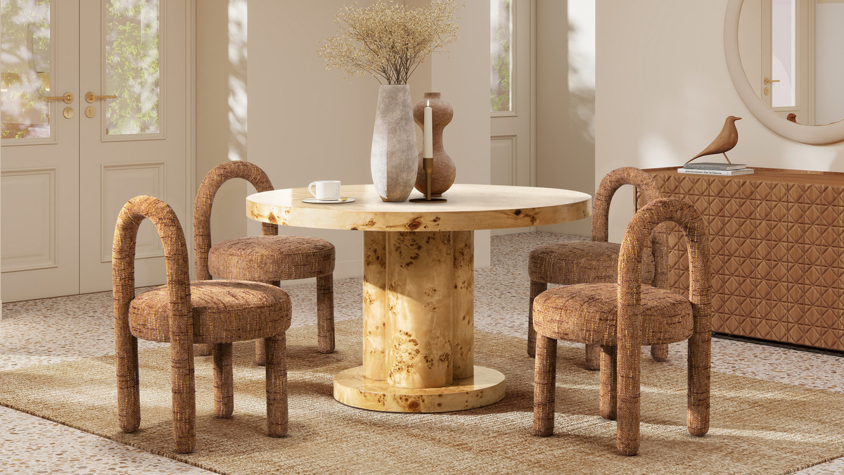 Nebula 51" 5-6 Seater Round Burl Wood Pillar Dining Table, Warm Natural ...