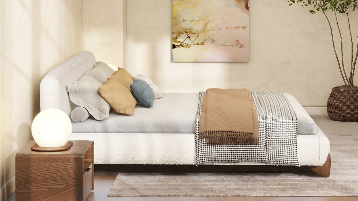 Alpine Puffy Modern Platform Bed, King, Ivory White Bouclé - Jennifer ...