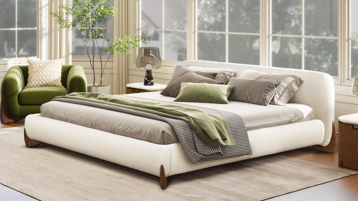 Alpine Puffy Modern Platform Bed, King, Ivory White Bouclé - Jennifer ...