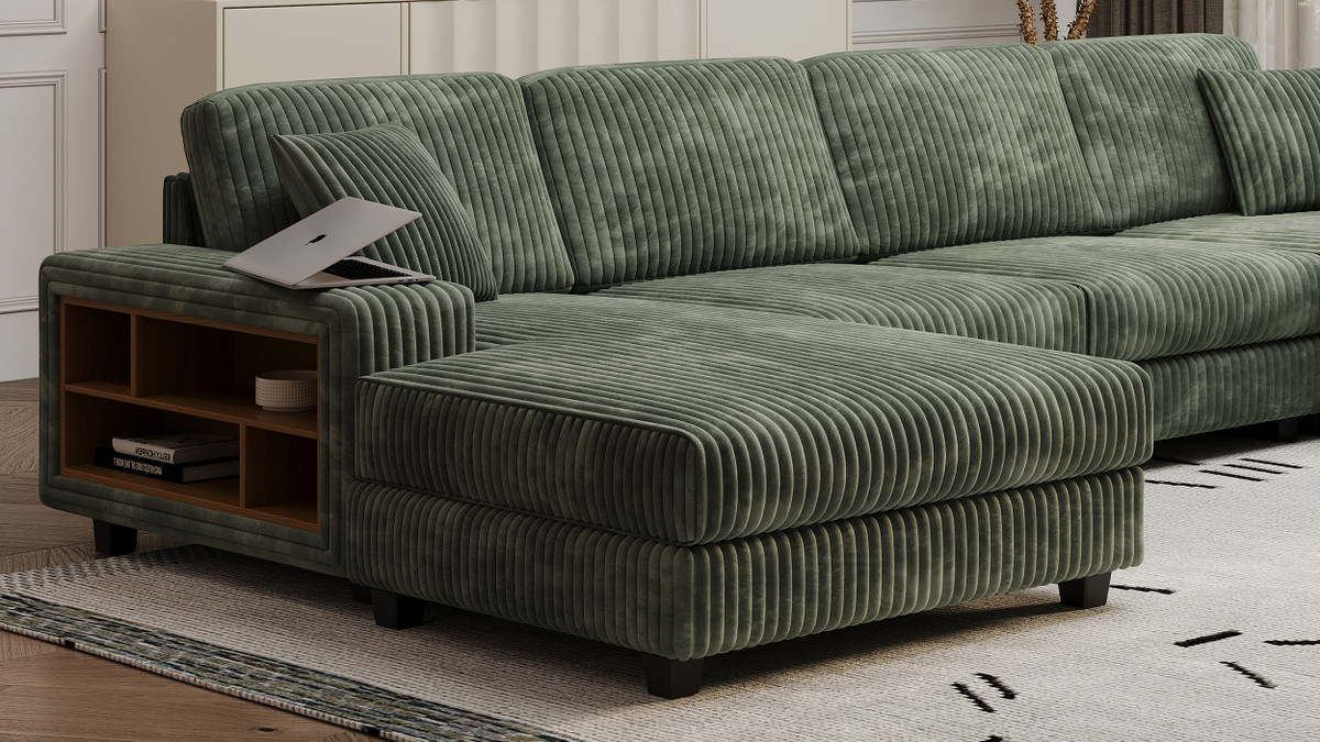 Palmer 139.76" U-Shaped Corduroy Sectional Sofa with Built-In Armrest ...