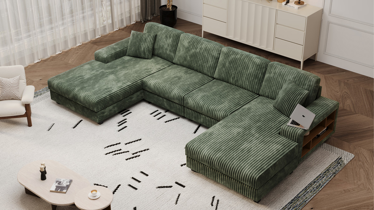 Palmer 139.76" U-Shaped Corduroy Sectional Sofa with Built-In Armrest ...
