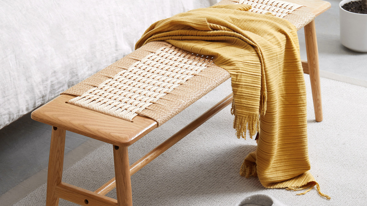 Rivelle 31.5" Hand-Woven Rattan & Solid Oak Bench - Jennifer Taylor Home