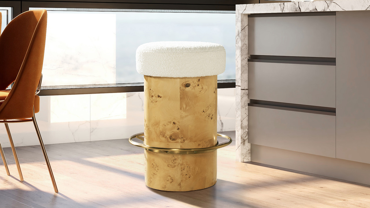 Nebula 26" Backless Round Upholstered Counter Stool with Burl Wood ...