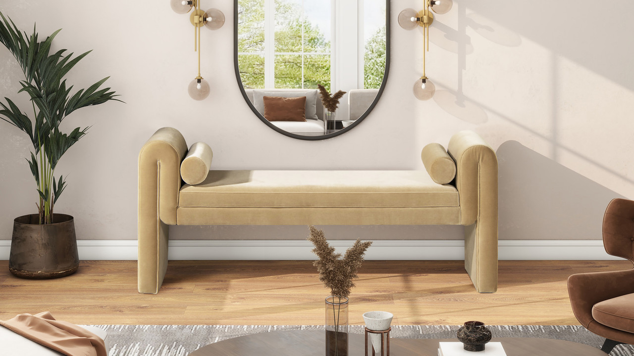 Mason 60.5" Arched Arm Bench with Bolster Pillows, Camel Brown Beige ...