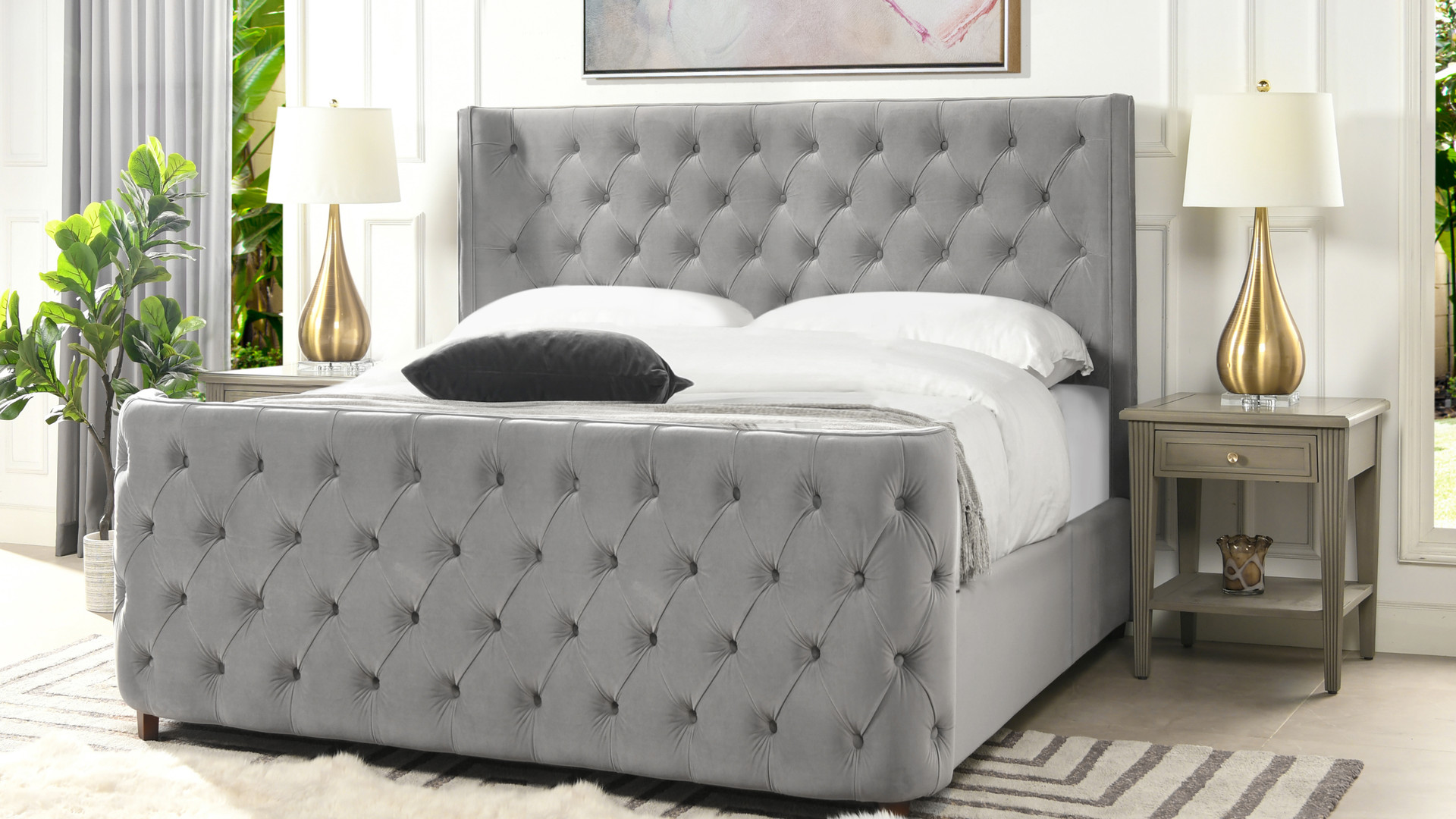 Brooklyn Queen Tufted Panel Bed Headboard and Footboard Set, Opal Grey ...