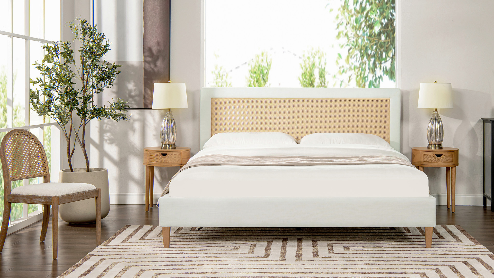 Haley Upholstered Cane-Back Platform Bed, King, Snow White - Jennifer ...