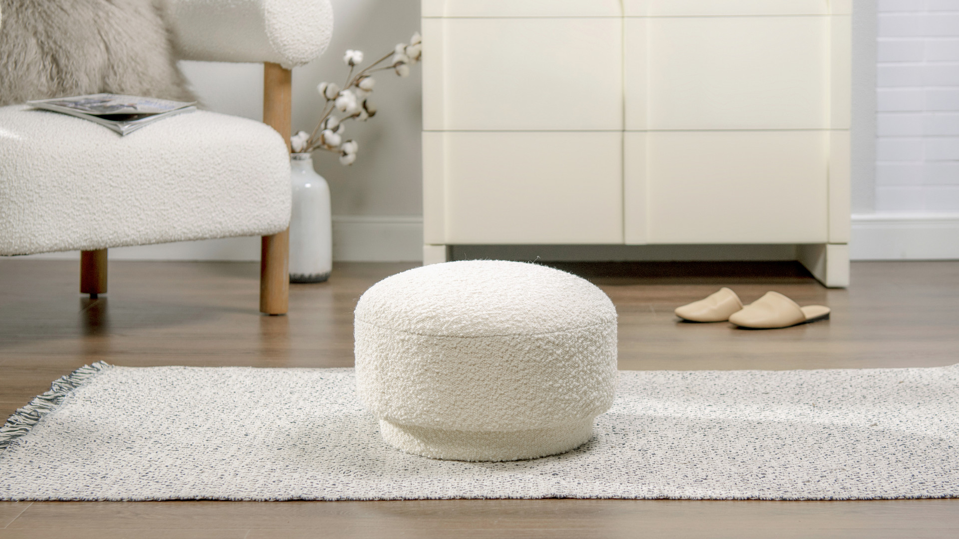 Fuji 15" Mushroom Footstool Ottoman, Ivory White Bouclé - Jennifer ...
