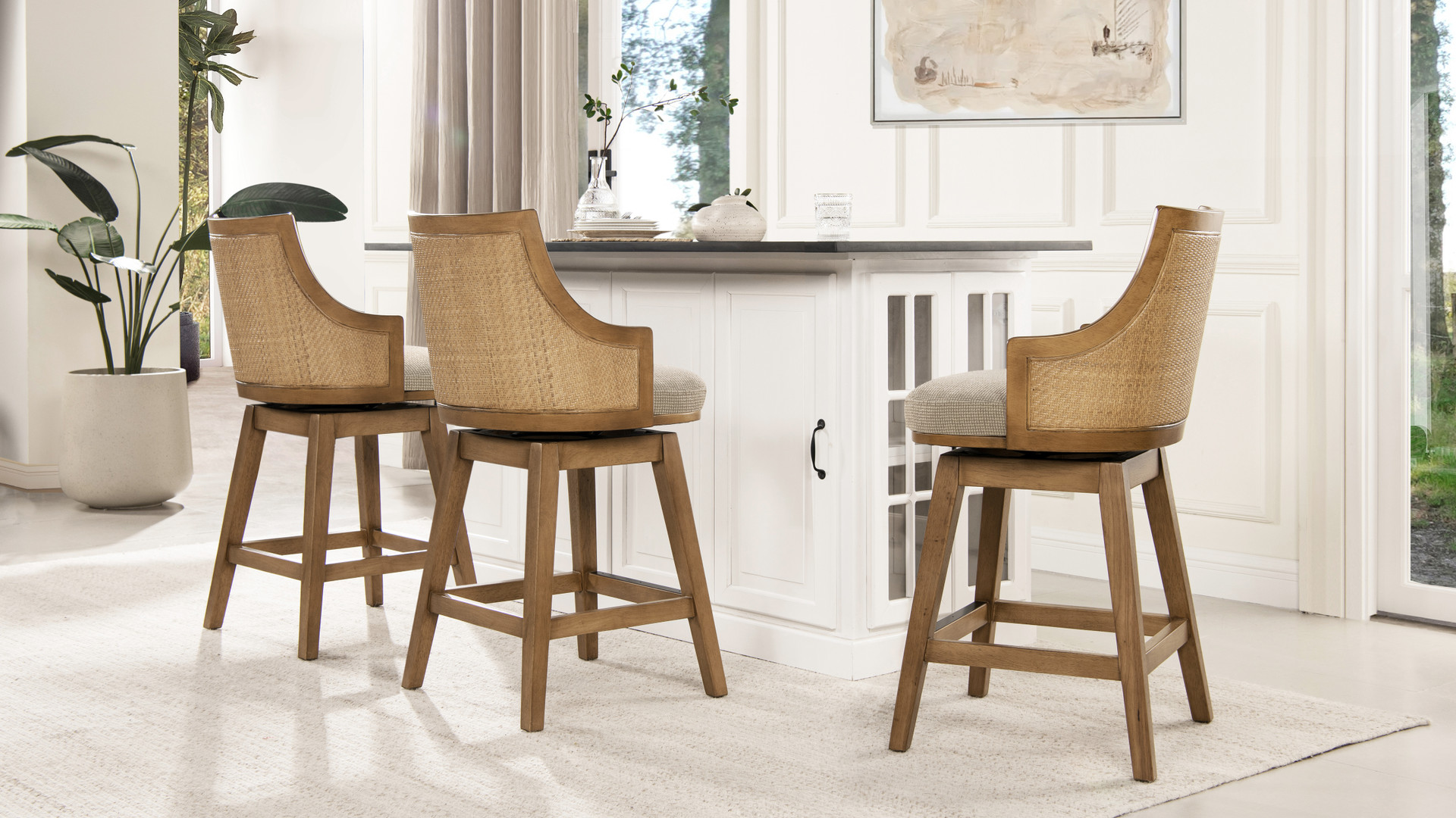 Bahama 26" Cane Rattan High-Back Swivel Counter Stool with Recessed ...