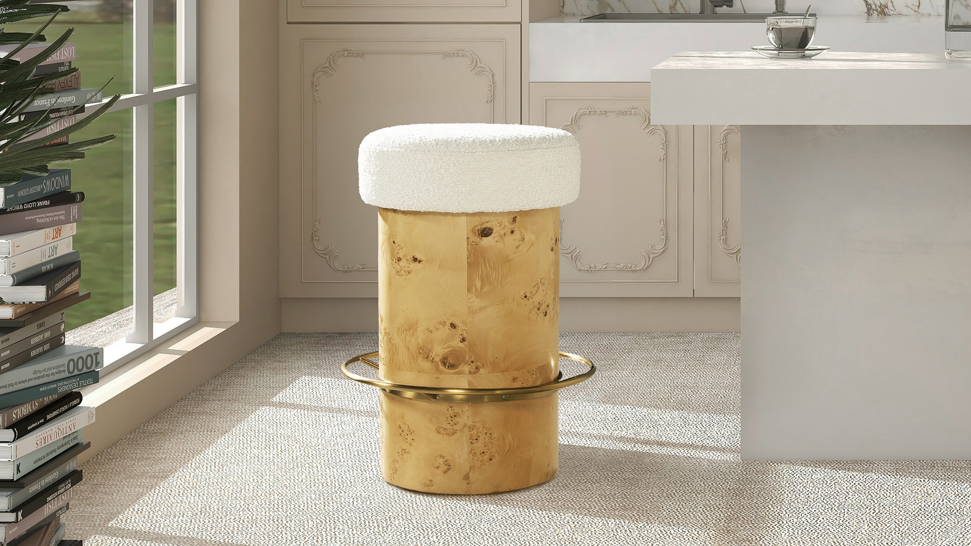 Nebula 26" Backless Round Upholstered Counter Stool with Burl Wood ...