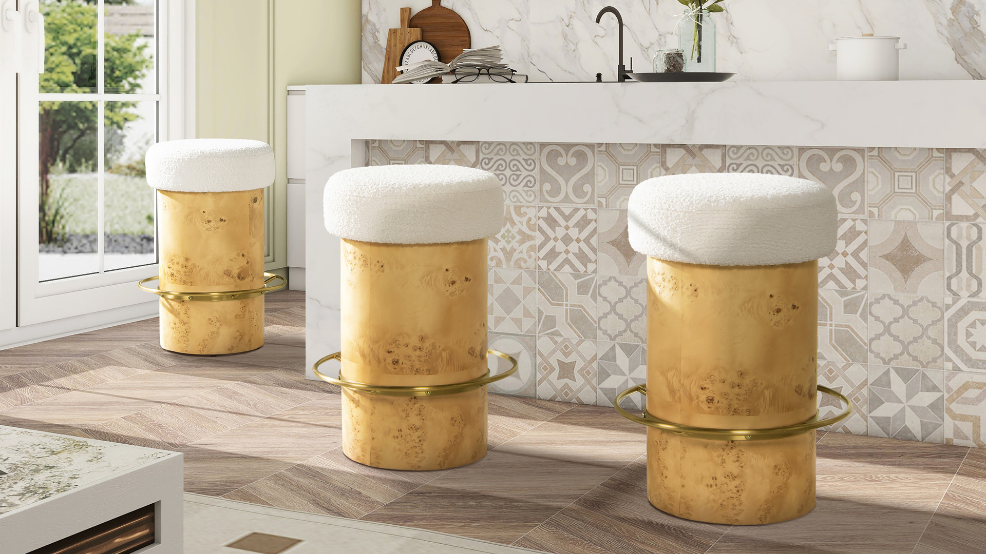Nebula 26" Backless Round Upholstered Counter Stool with Burl Wood ...