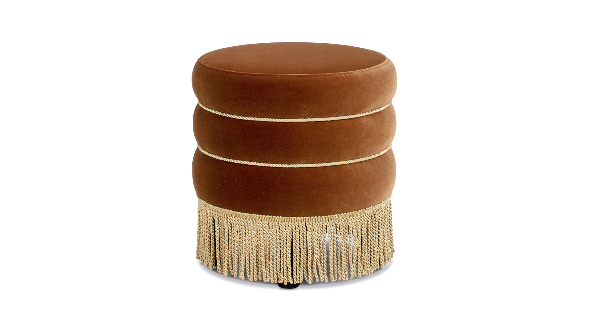 Edward 17.5" Round Upholstered Ottoman with Bullion Fringe, Burnt ...