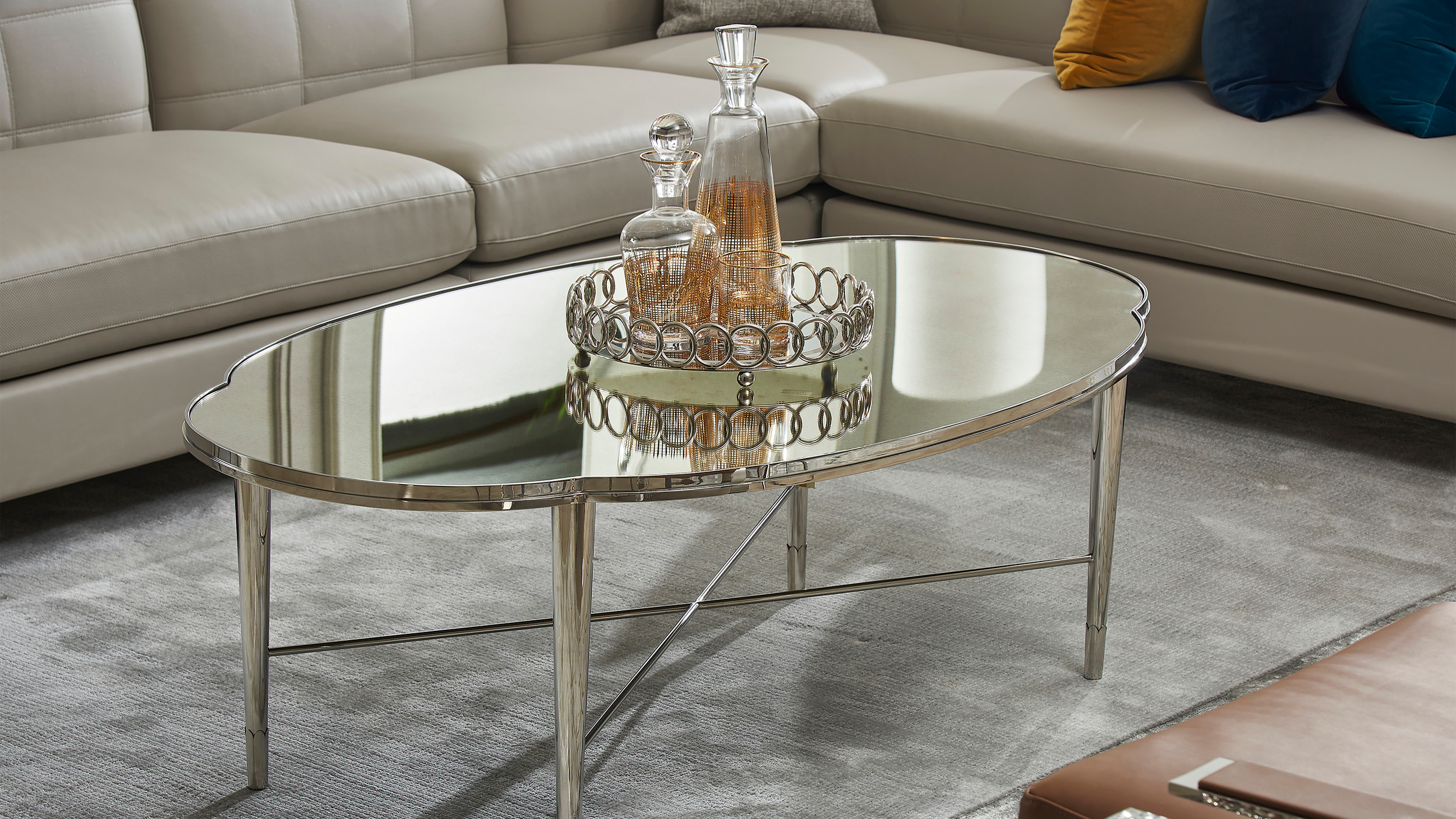 Mithril 52 Scalloped Mirrored Coffee Table Polished Silver Stainless Steel Jennifer Taylor Home