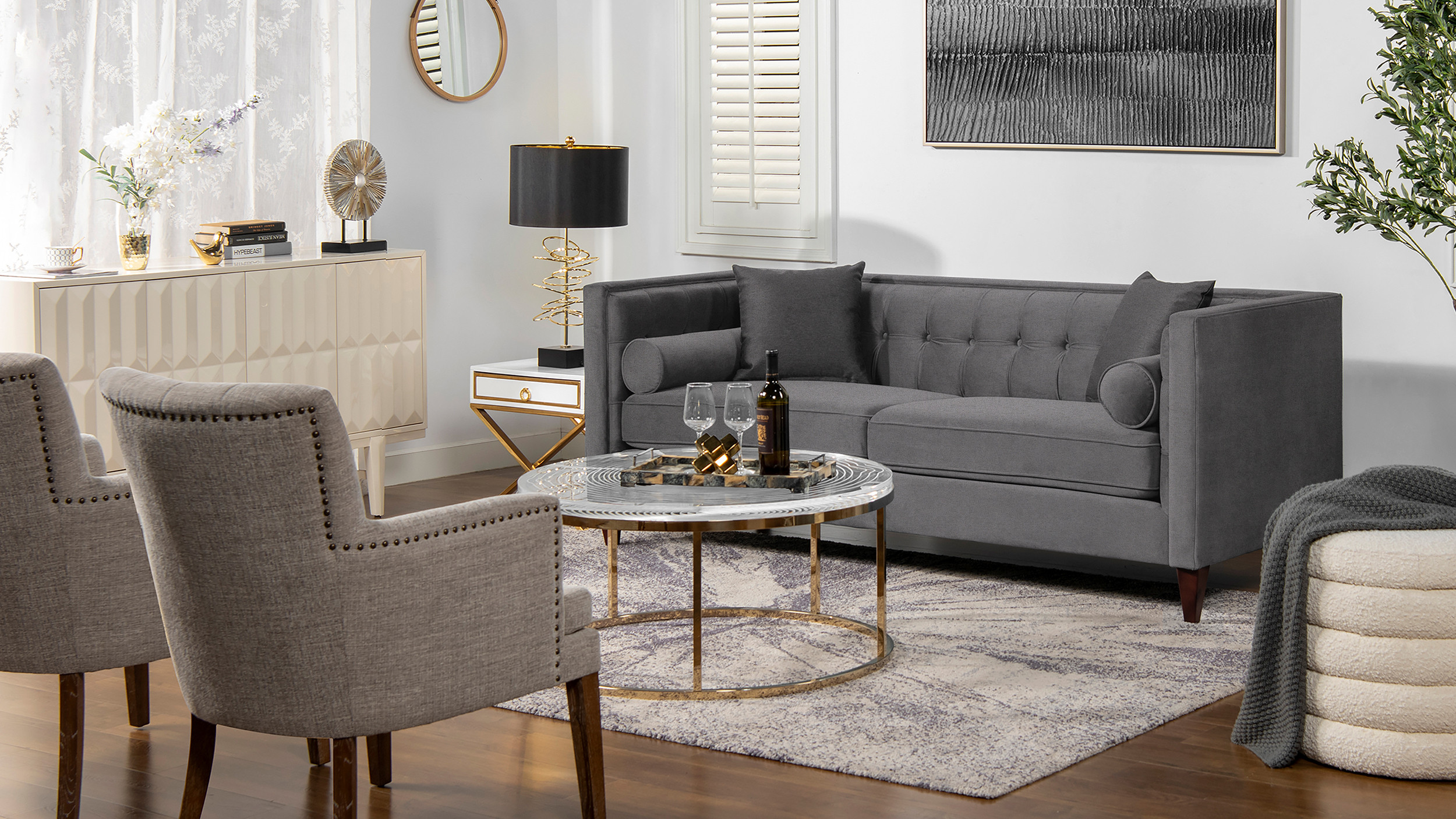 Grey tufted sofa store