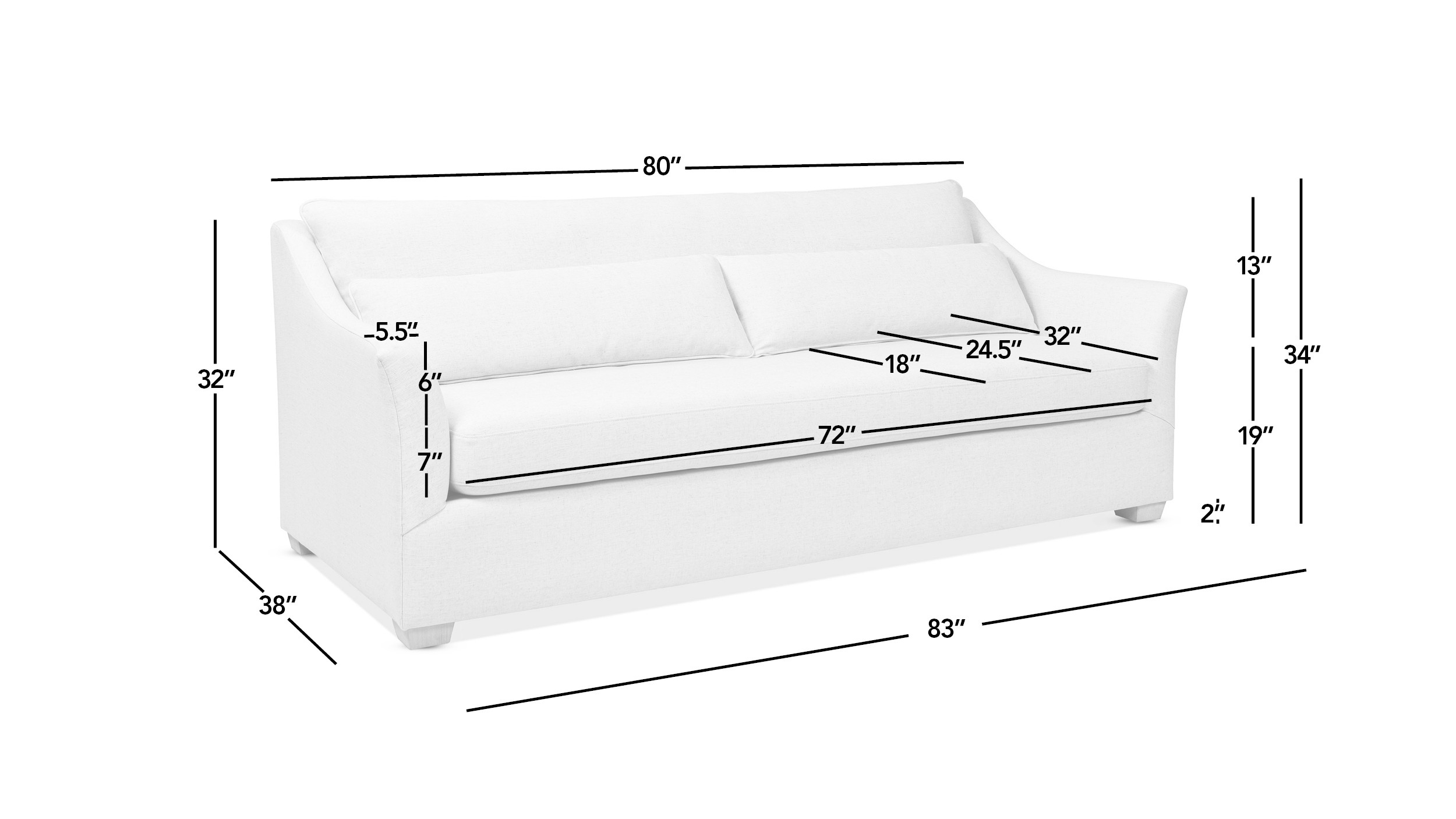 Ada 83" Flared Arm Contemporary Sofa with Lumbar Pillows, Flax White ...