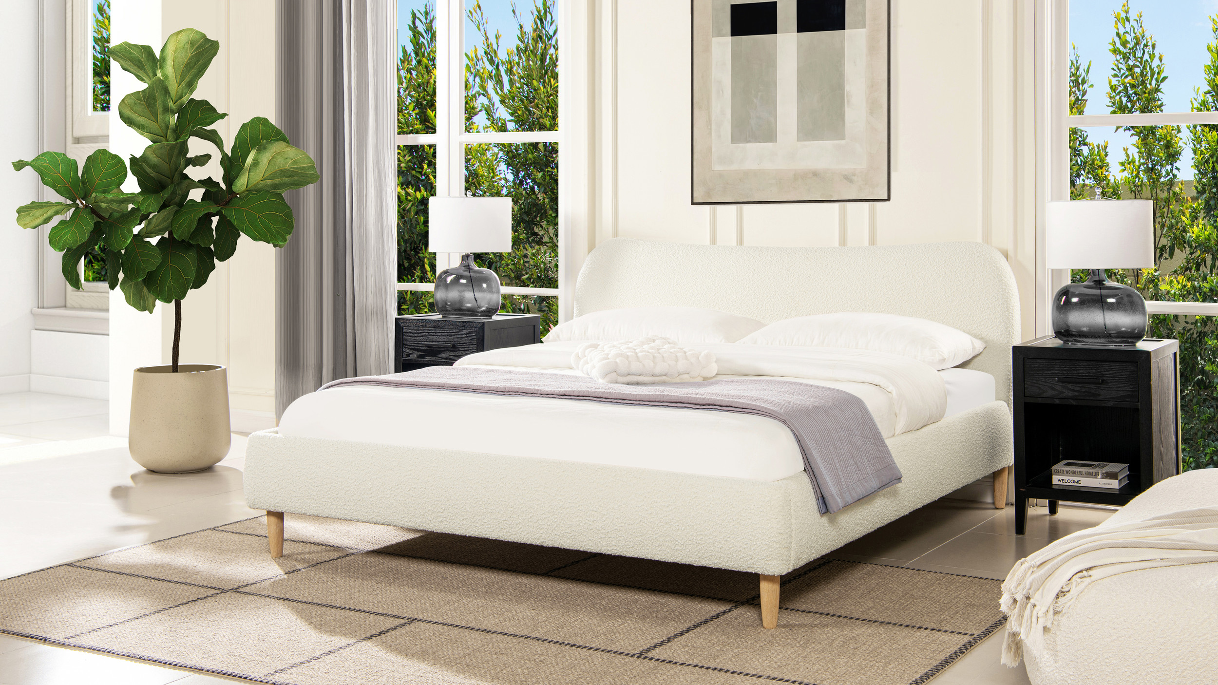 Roman Curved Headboard Upholstered Platform Bed Ivory White Boucle King