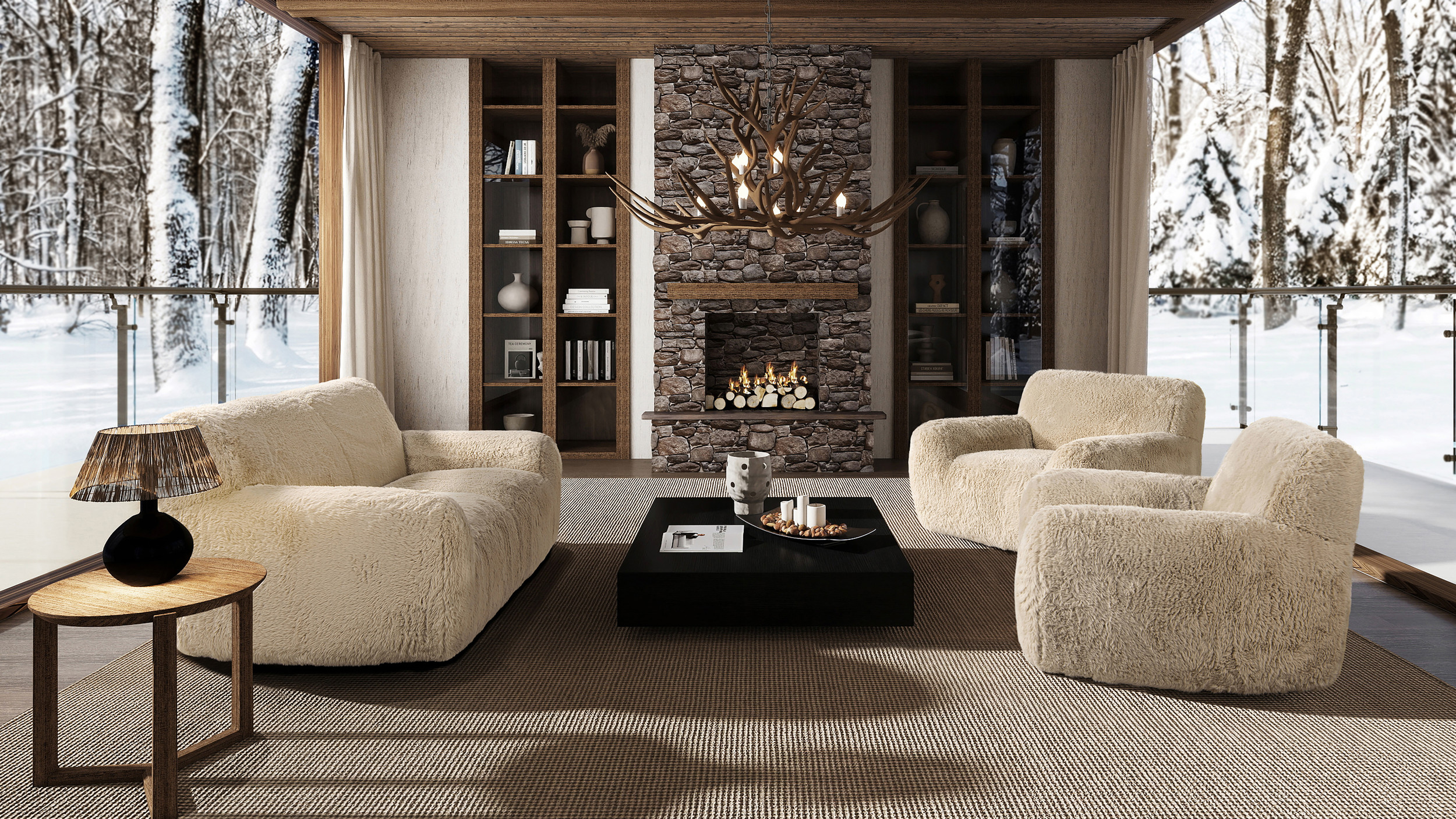 Summit 83 Faux Sheepskin Overstuffed Sofa Cream Beige Jennifer Taylor Home