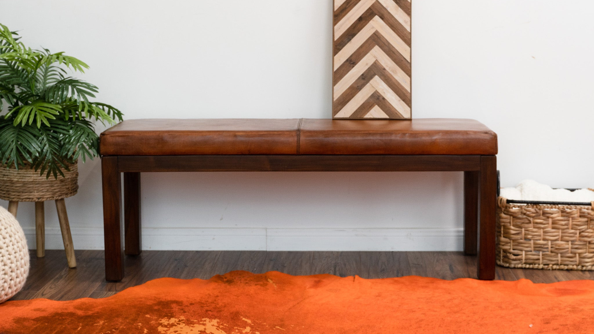 Hollis 48" Genuine Leather Bench with Solid Eucalyptus Wood Frame ...