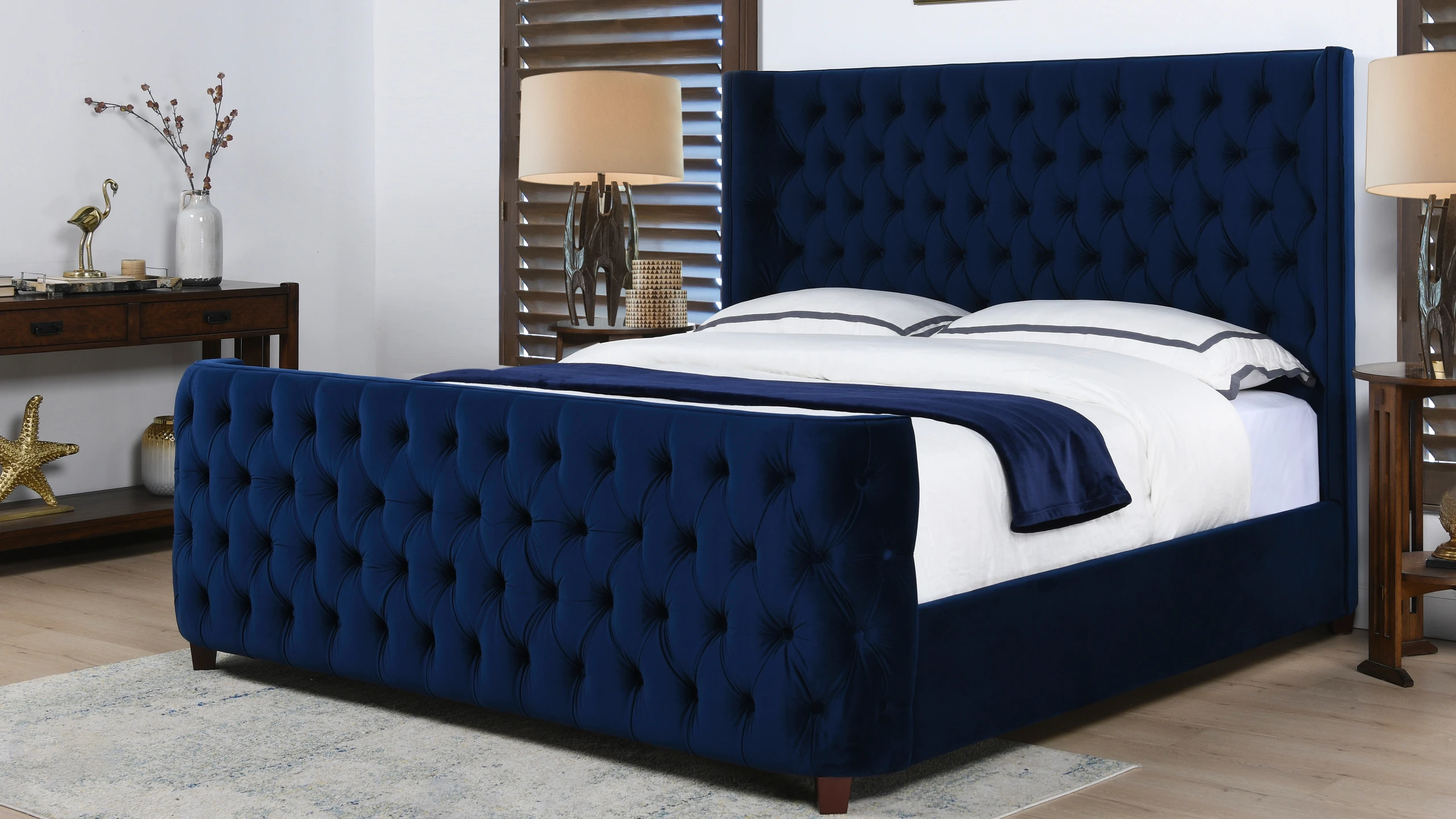 Brooklyn King Tufted Panel Bed Headboard and Footboard Set, Navy Blue ...